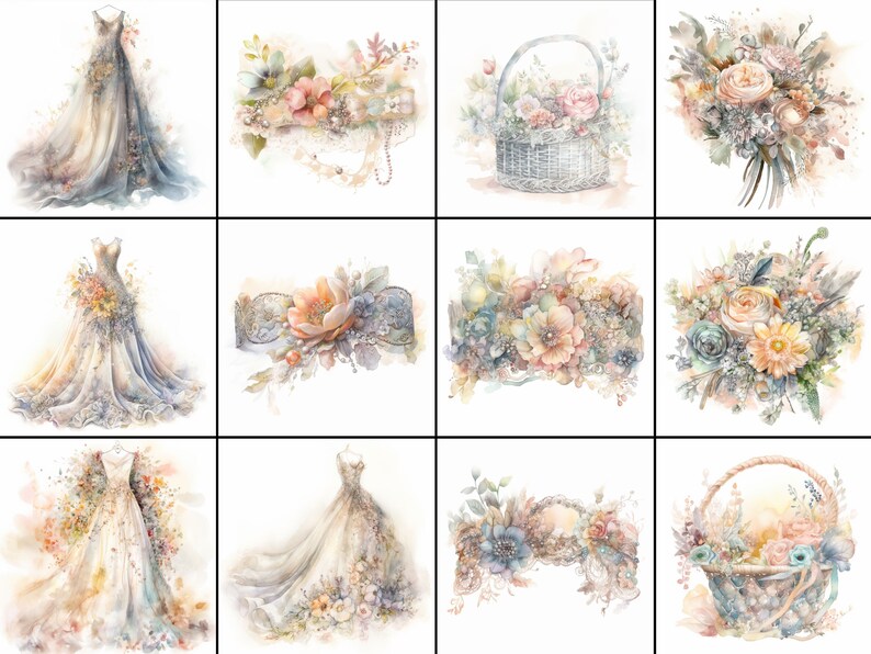 Vintage Wedding Clipart Mega Bundle: Pastel Watercolor Illustrations ...
