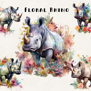 Rhino in Field of Flowers Clipart Watercolor Illustration Commercial ...