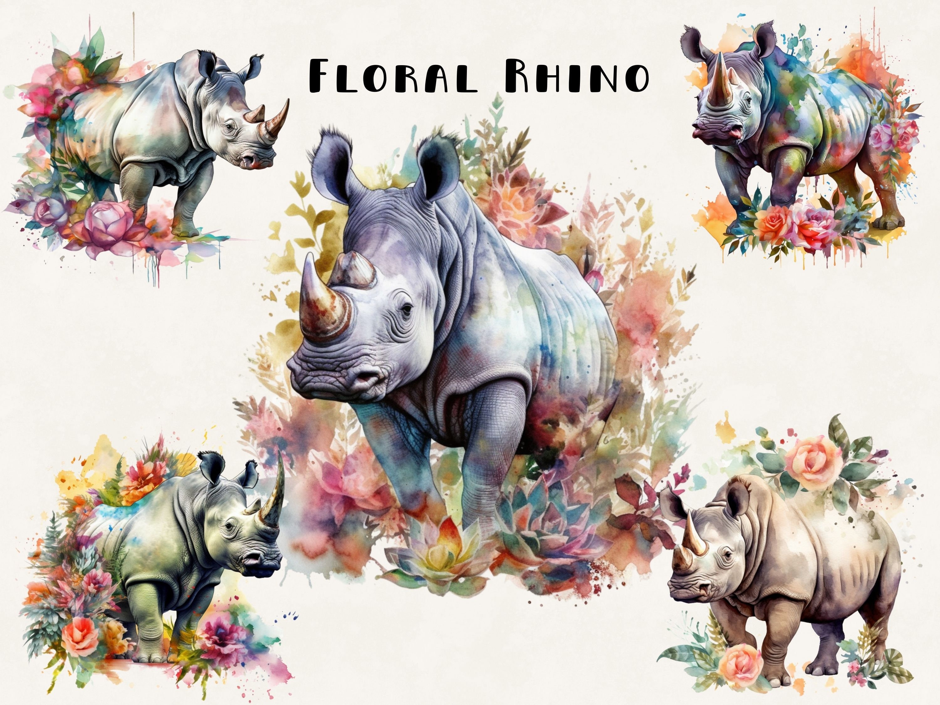 Rhino in Field of Flowers Clipart Watercolor Illustration Commercial ...