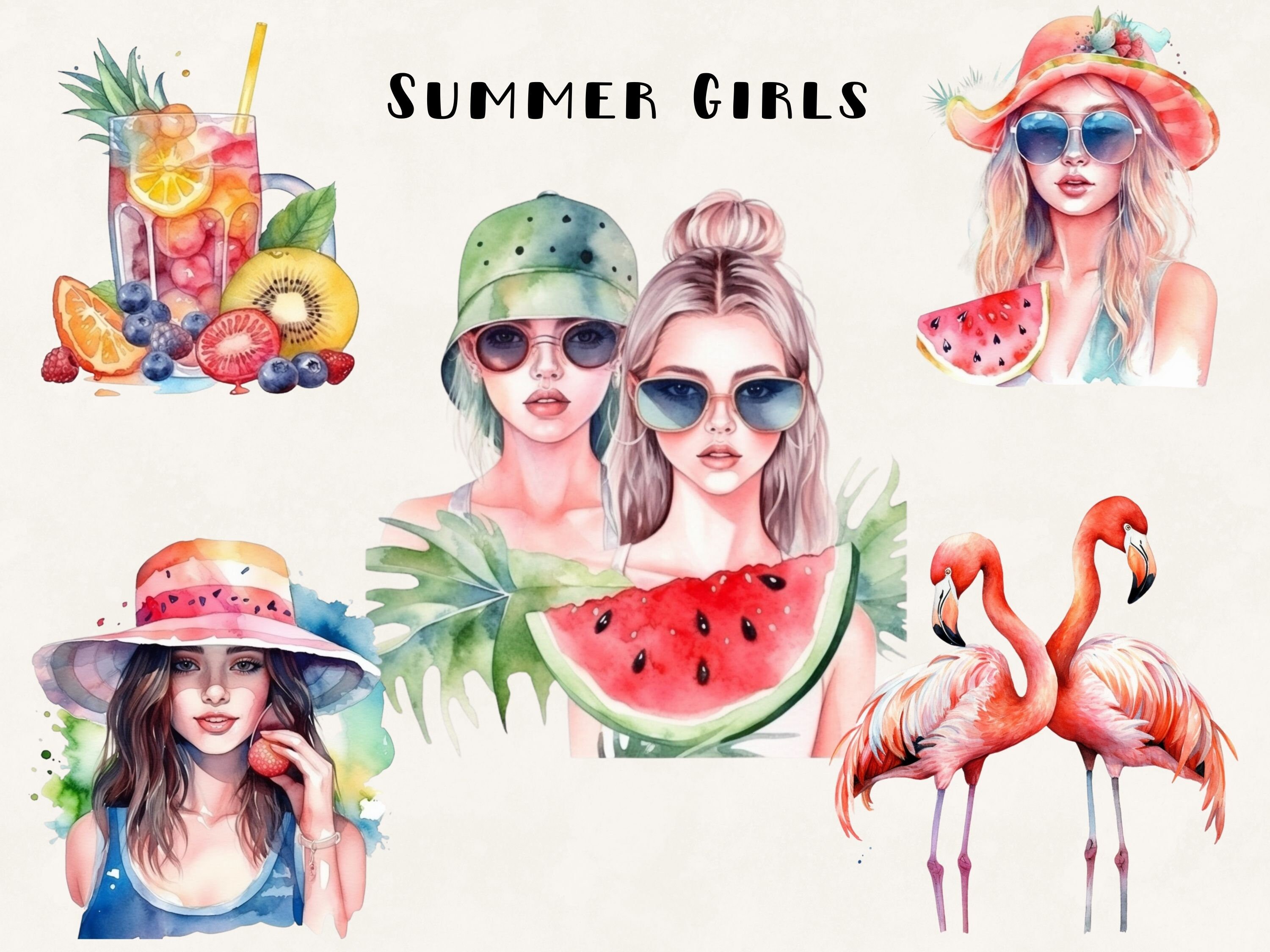 Summer Girls Watercolor Clipart Bundle Flamingo Watermelon - Etsy
