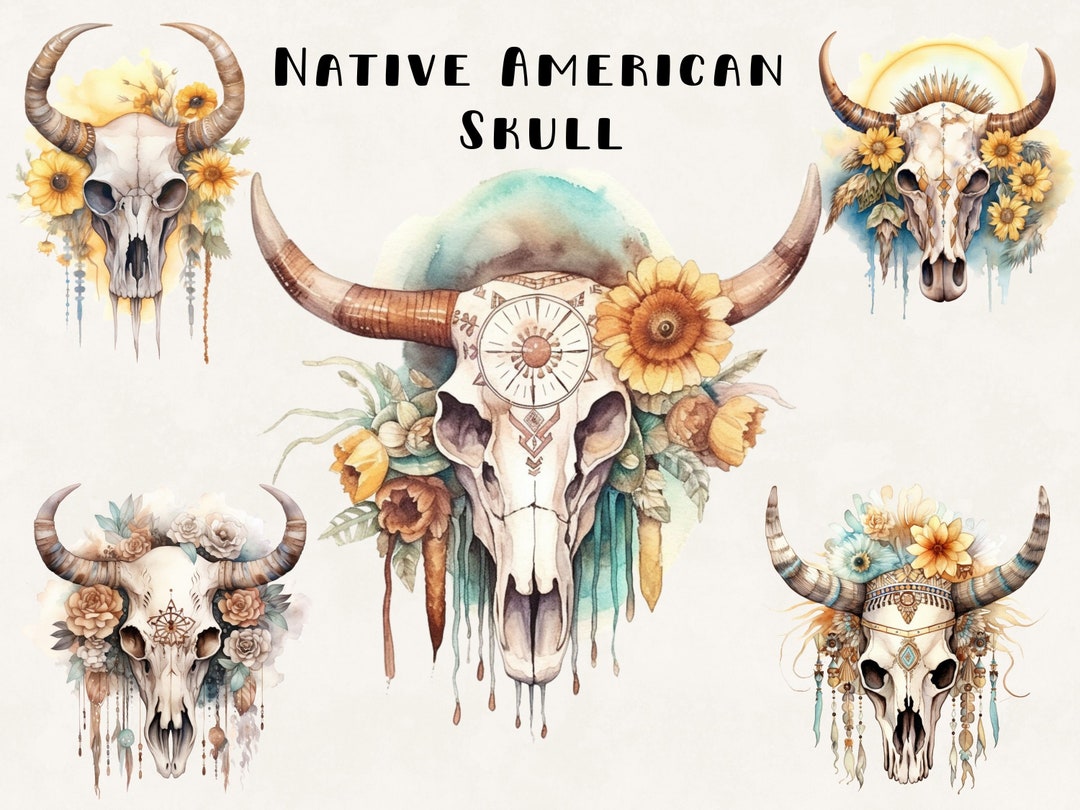 Boho Skull Clipart Bundle: Watercolor Native American Animal Skulls ...