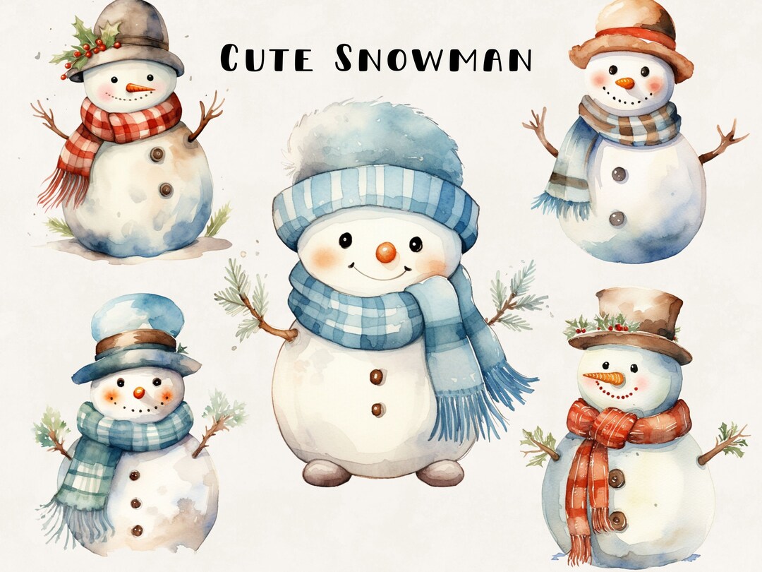 Cute Snowman Christmas Clipart Watercolor Illustration Commercial Use ...