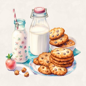Christmas Milk and Cookies Clipart Watercolor Illustration Commercial ...