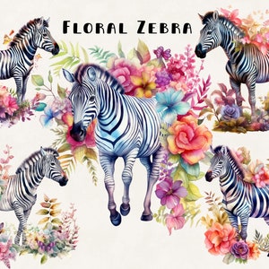 Zebra and Flowers Clipart Bundle Commercial Use Watercolor Jungle Zebra ...