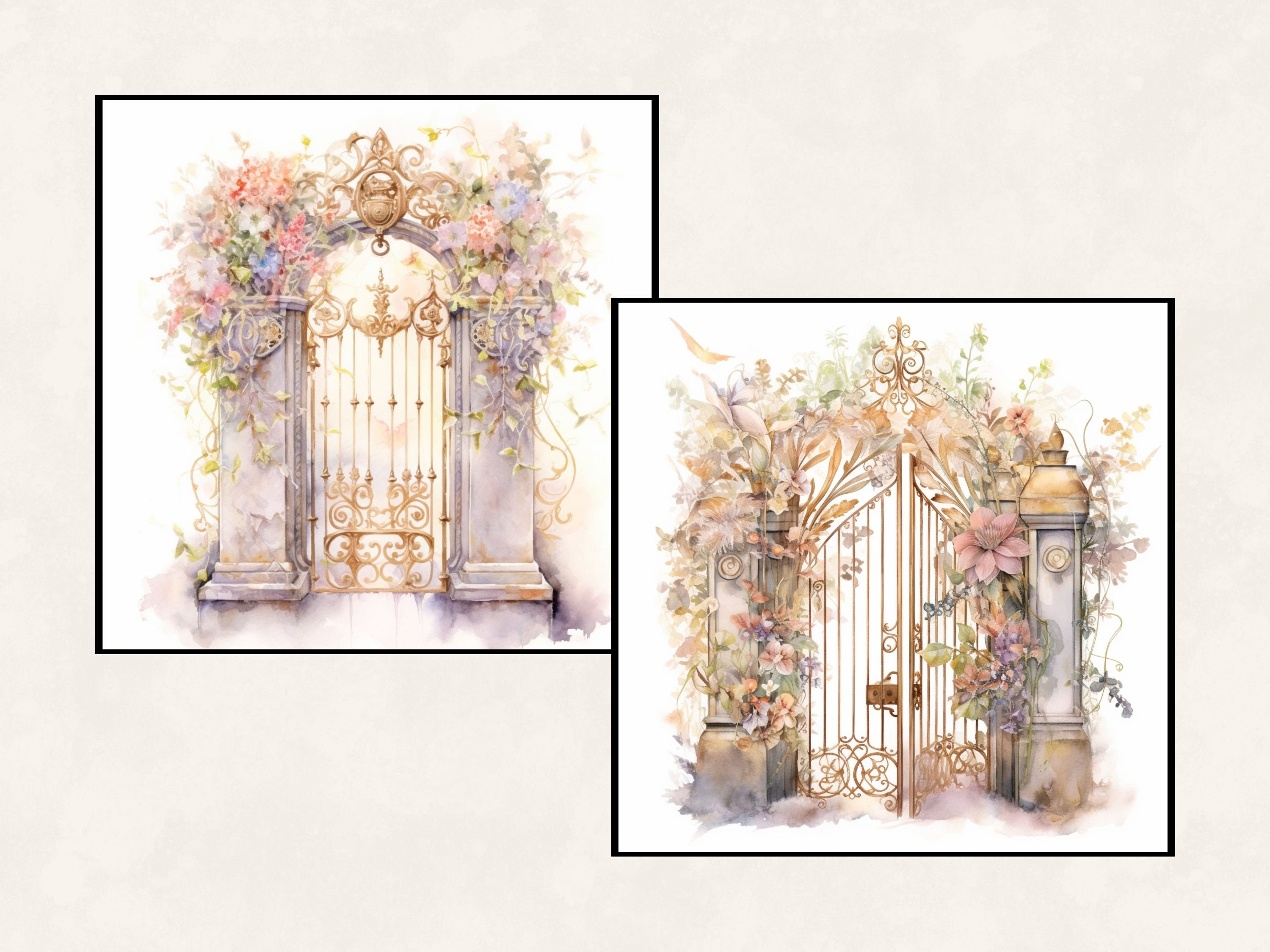 Garden Gate Print Art Romantic Illustration Commercial Use Watercolor ...