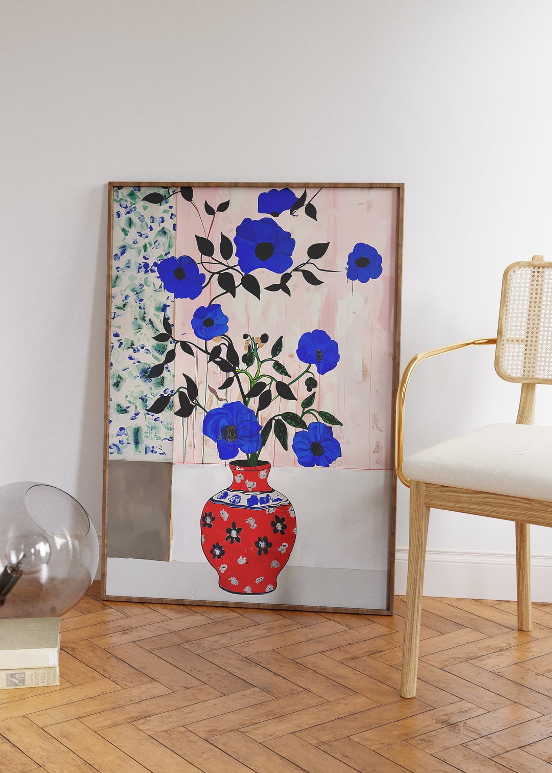 Blue Flowers in Red Vase Art Print: Abstract Collage (digital Download ...