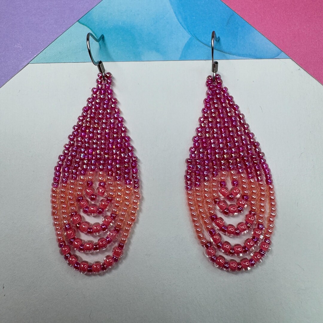 Black Brick Red Old Rose Pink Tear Drop Seed Bead Earrings 1.75 Drop ...