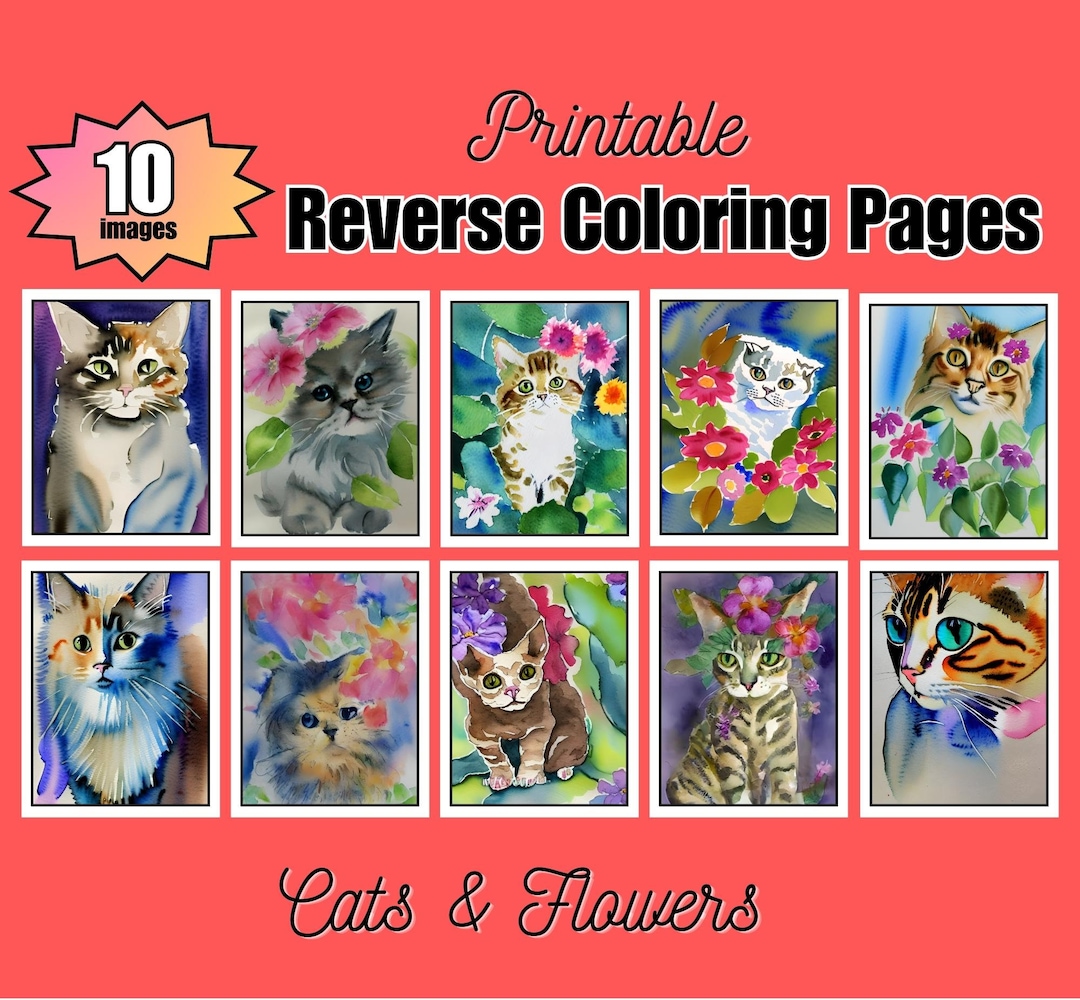 Reverse Coloring Pages of Cats in Flowers 10 Pages Mini Bundle D - Etsy