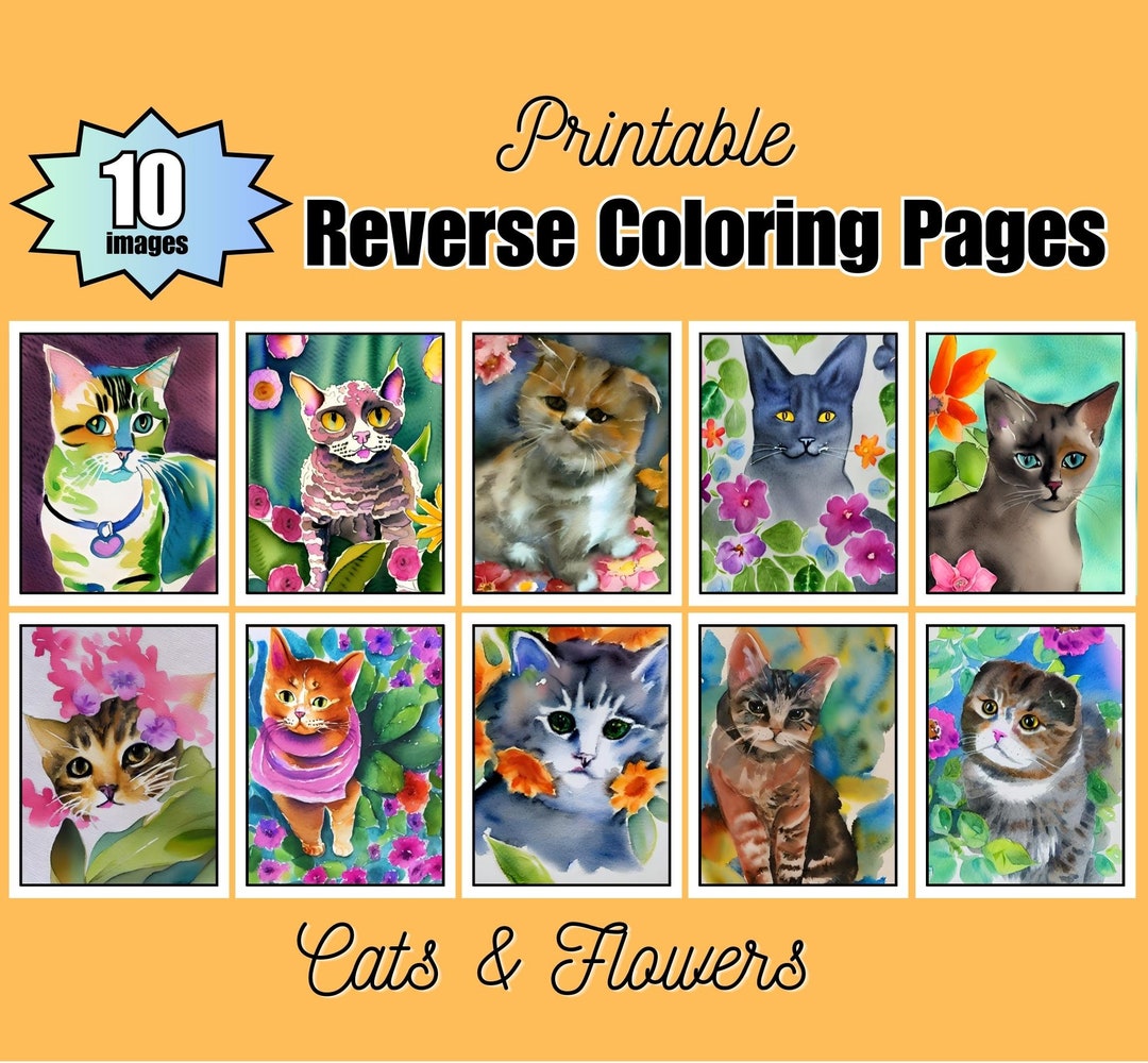 Reverse Coloring Pages of Cats in Flowers 10 Pages Mini Bundle E - Etsy