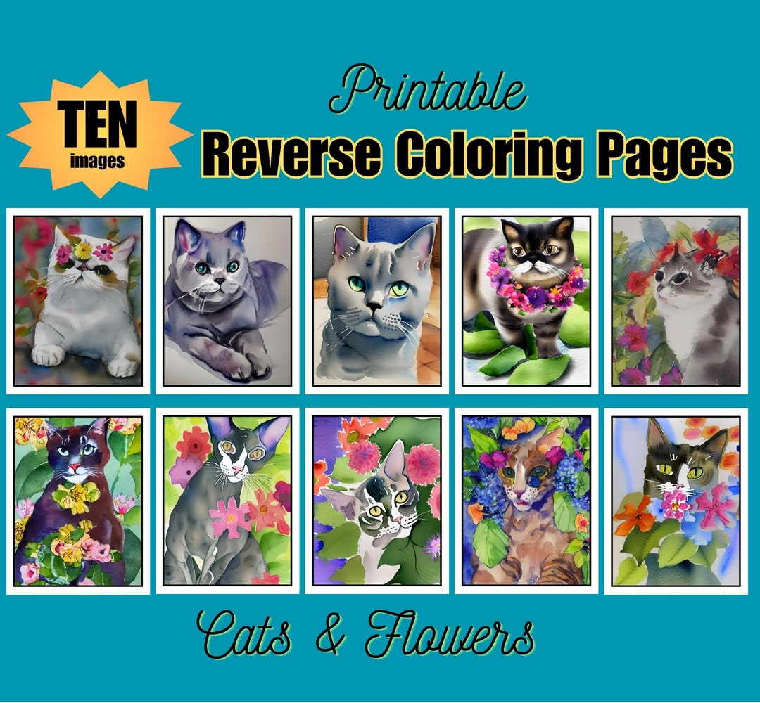 Reverse Coloring Pages of Cats in Flowers 10 Pages Mini Bundle C - Etsy