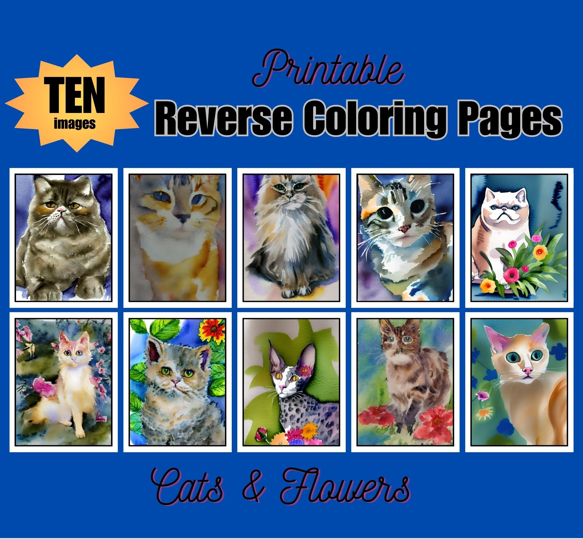 Reverse Coloring Pages of Cats in Flowers 10 Pages Mini Bundle A - Etsy