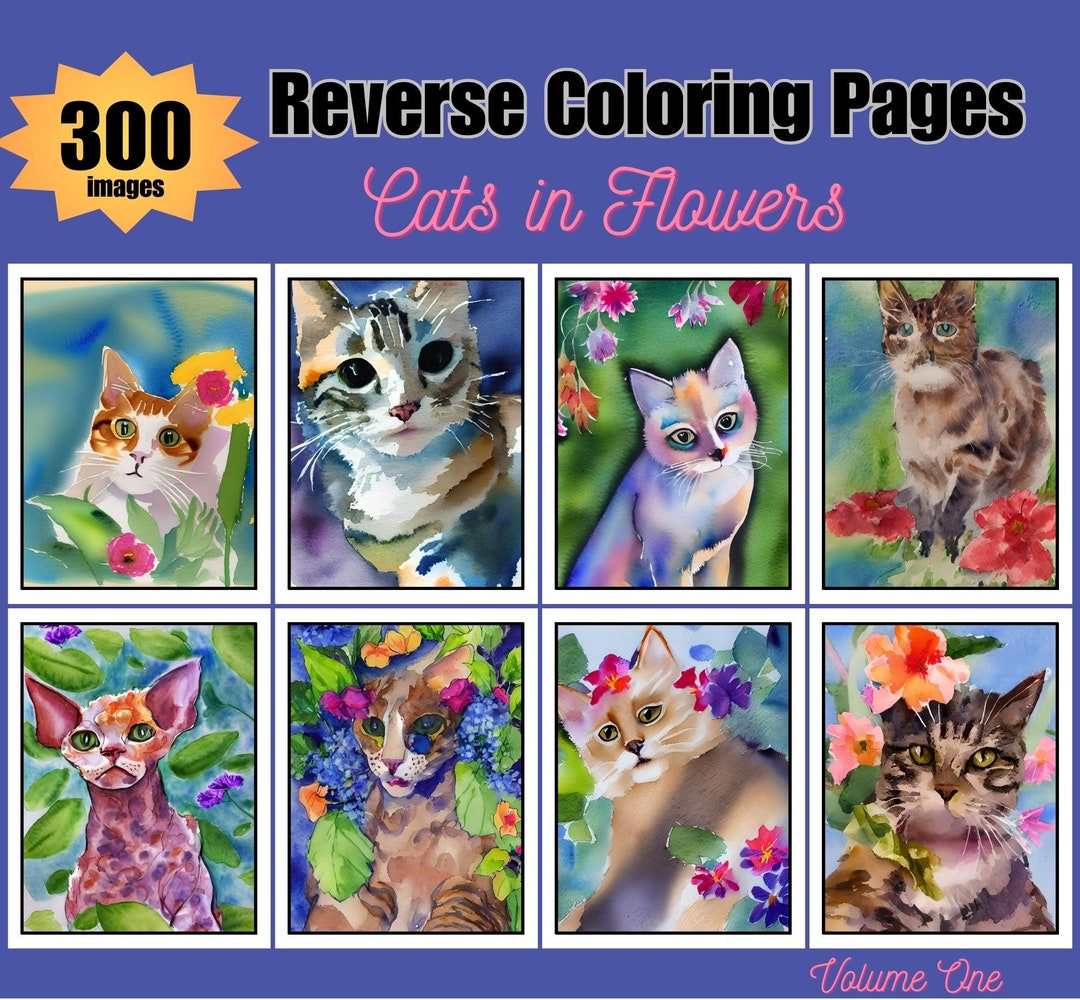 Cats in Flowers Reverse Coloring Book Pages Mega Bundle One - Etsy