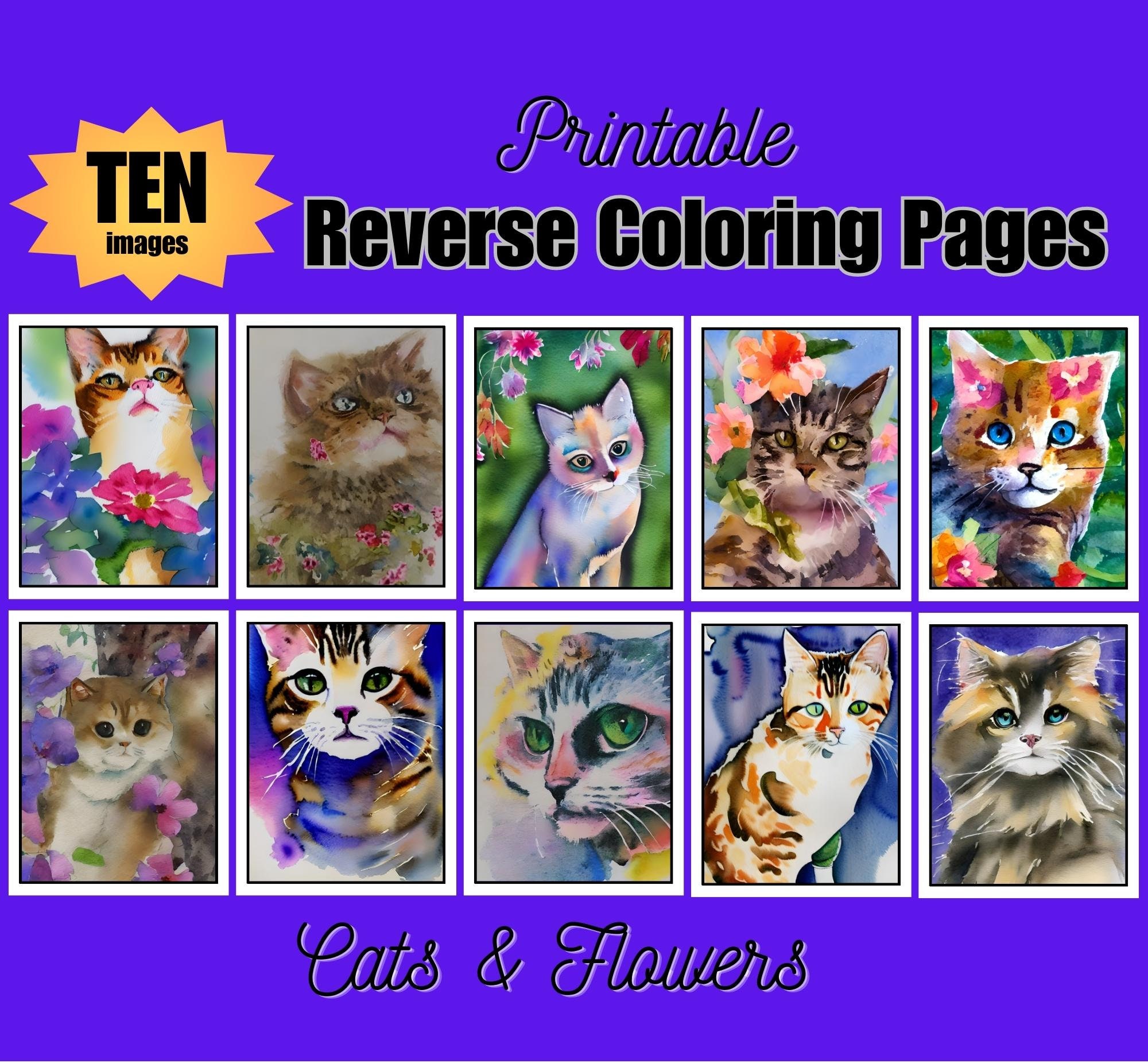 Reverse Coloring Pages of Cats in Flowers 10 Pages Mini Bundle B - Etsy