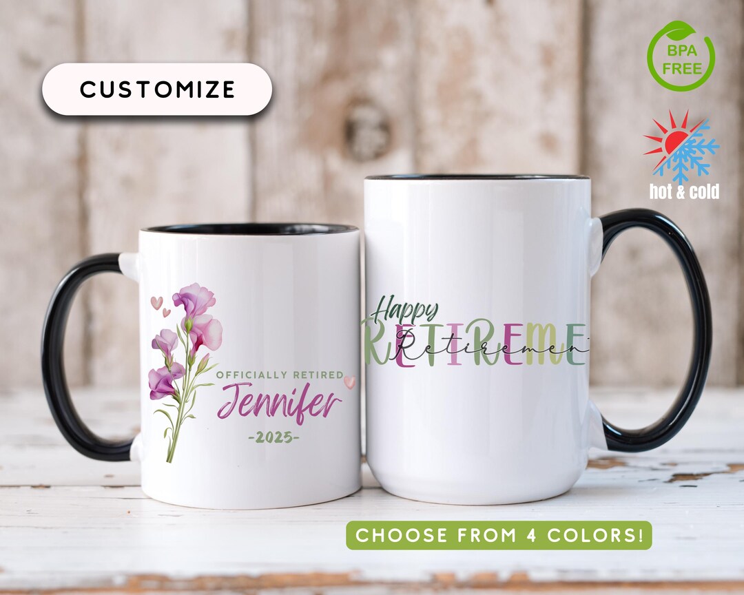 Happy Retirement Coffee Mug, Custom Retirement Mug, Retiree Mug, Floral ...