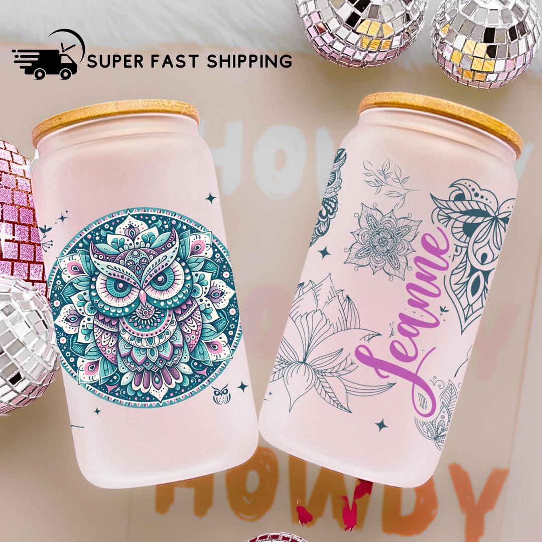 Owl Mandala Glass Tumbler, Owl Gifts for Women, Owl Tumbler With Bamboo ...