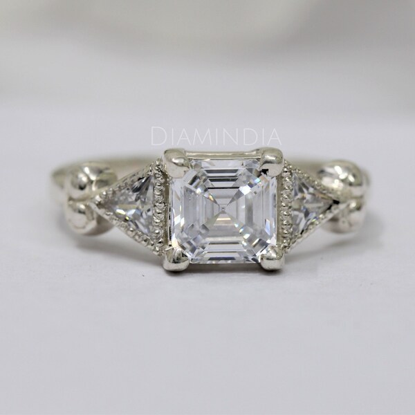 Three Stone Art Deco Engagement Ring - Etsy