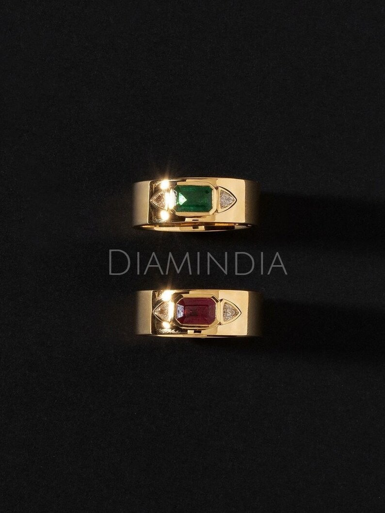 14k Solid Gold Emerald Cut Wedding Band for Women, Unique Birthstone ...