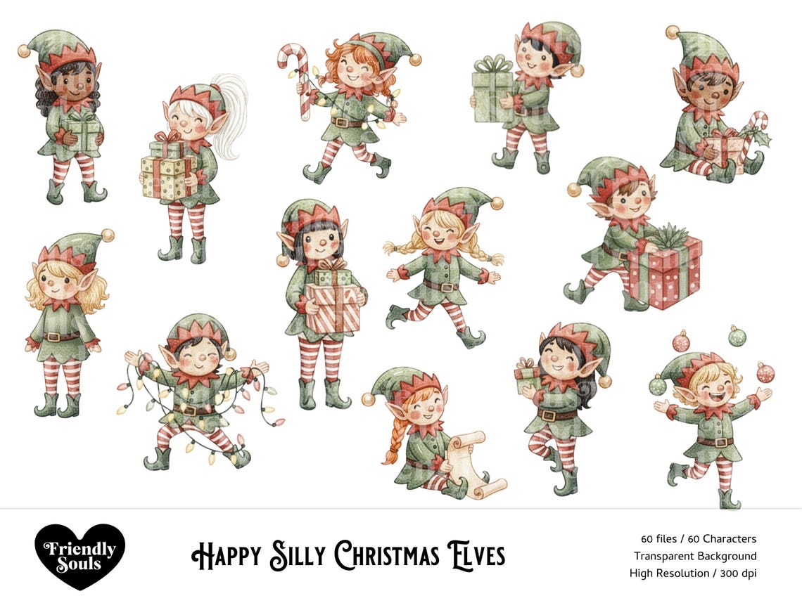 Watercolor Christmas Elves Clipart | 60 Cute Elf Pngs | Holiday ...