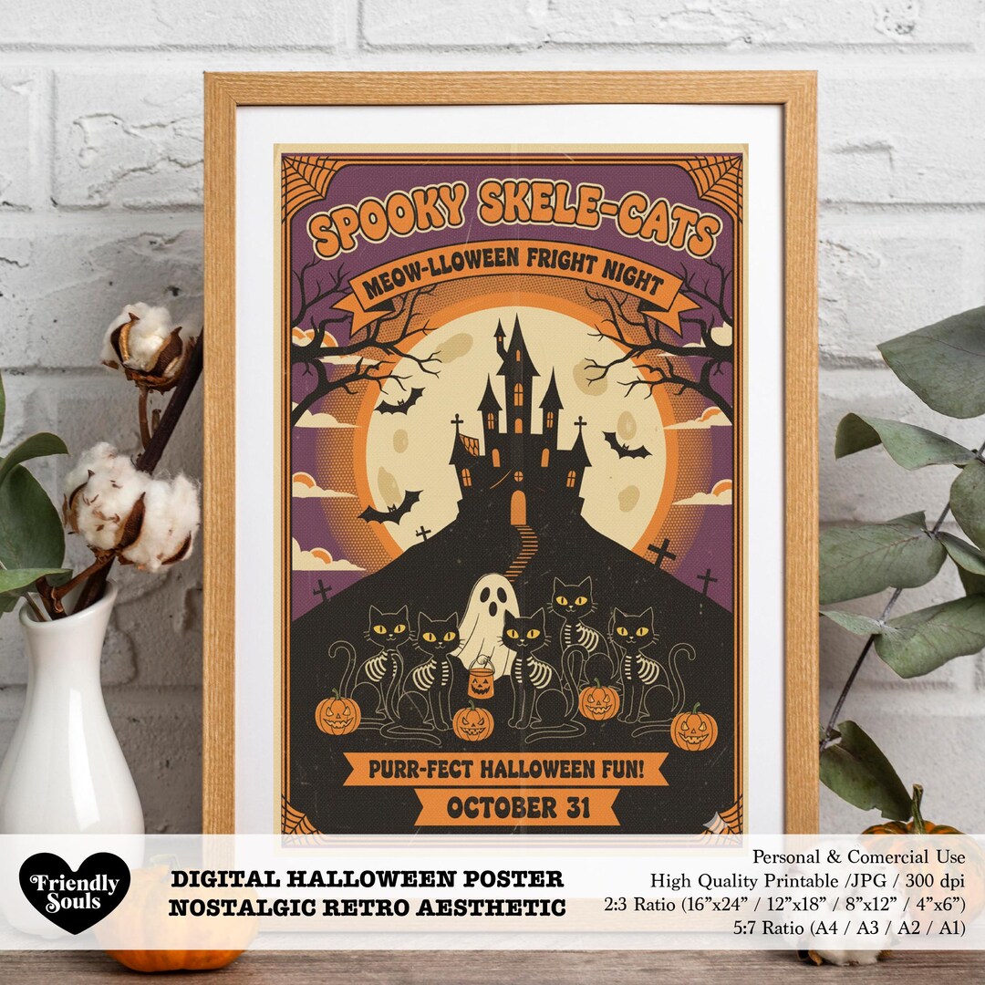 Retro Spooky Skeleton Cats Halloween Wall Art Printable | Nostalgic ...