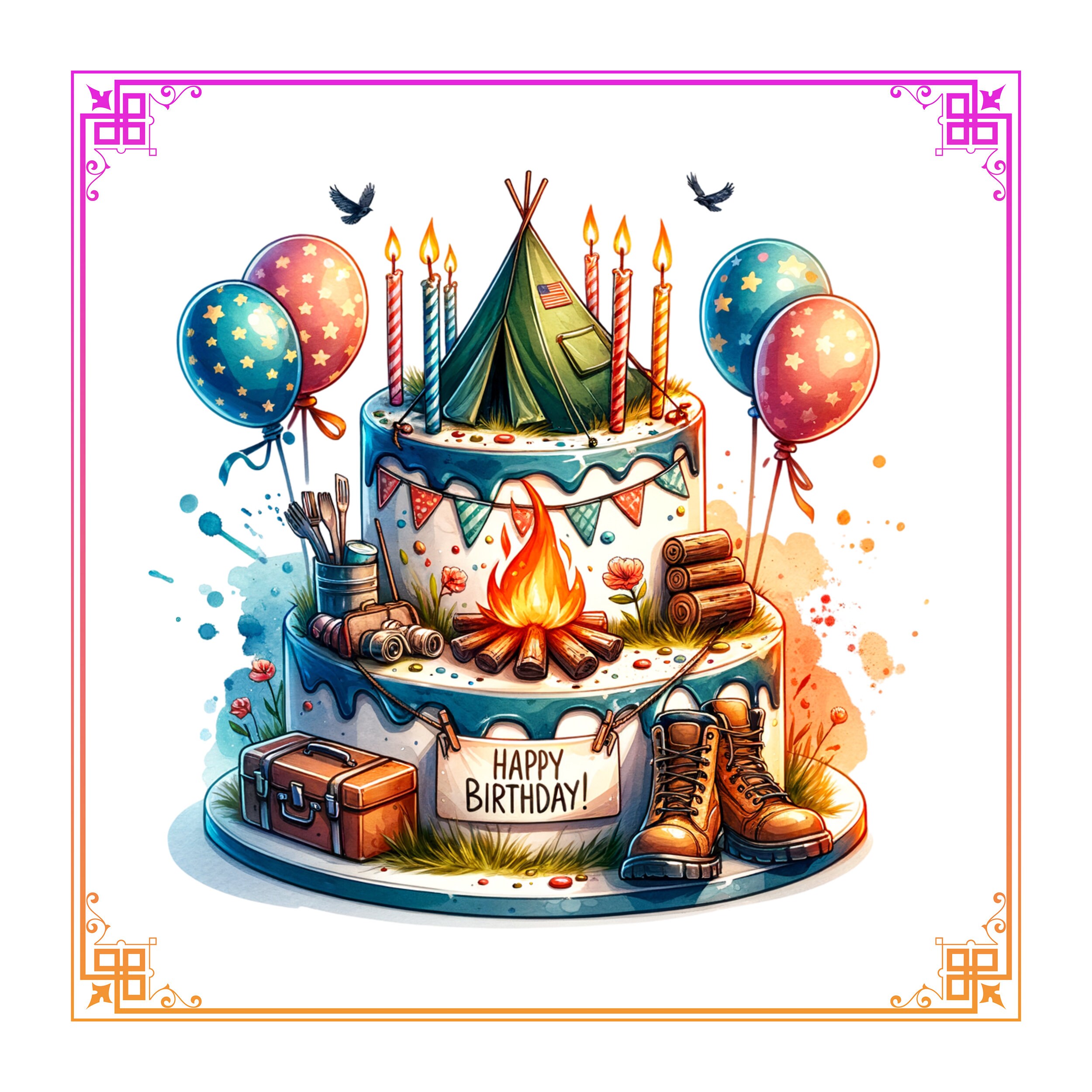 Watercolour Camping Happy Birthday Cake With Tent Campfire Walking ...