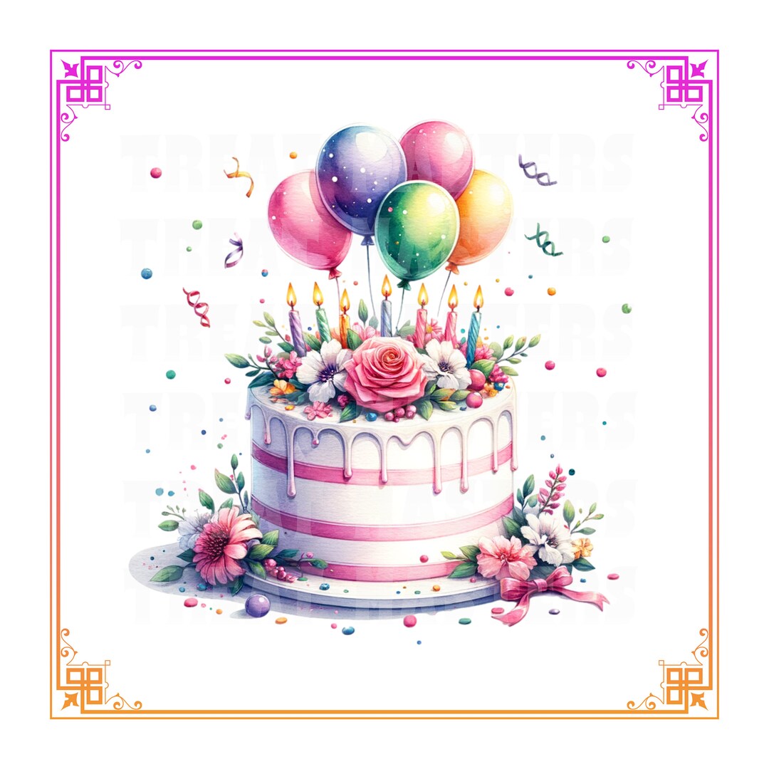 Watercolor Birthday Cake Candles Balloons Flowers Clipart Graphics PNG ...
