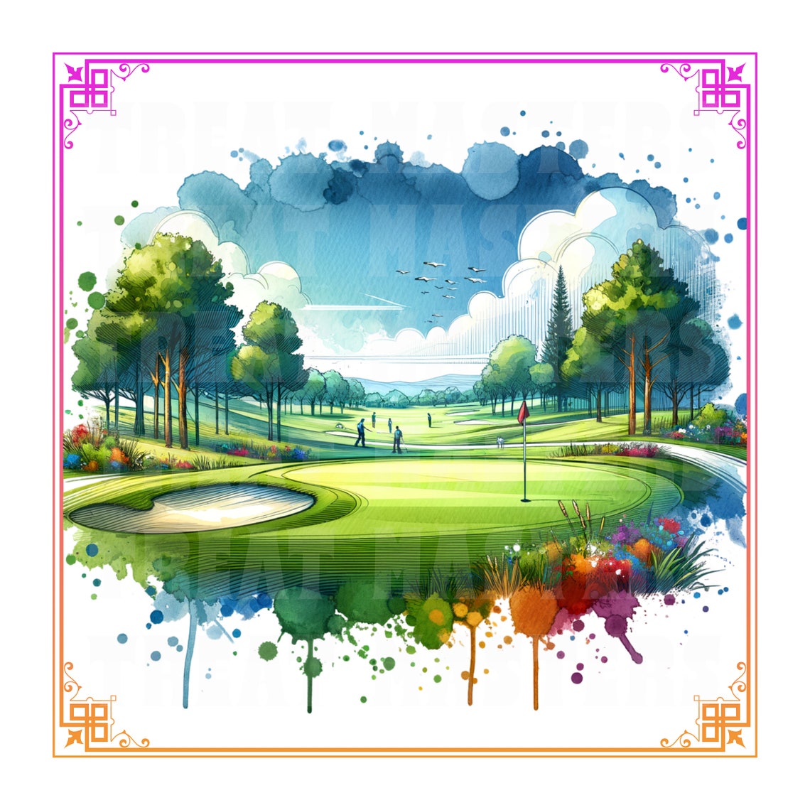 Watercolour Golf Course Clipart Club Golfer Ball Cart PNG SVG Graphics ...