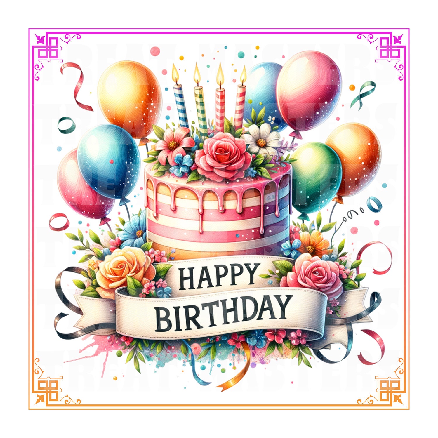New Watercolour Happy Birthday Cake Candles Balloons Flowers Clipart ...
