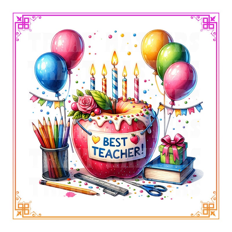 Best Teacher Apple Happy Birthday Cake School Candles Balloons Pencils ...