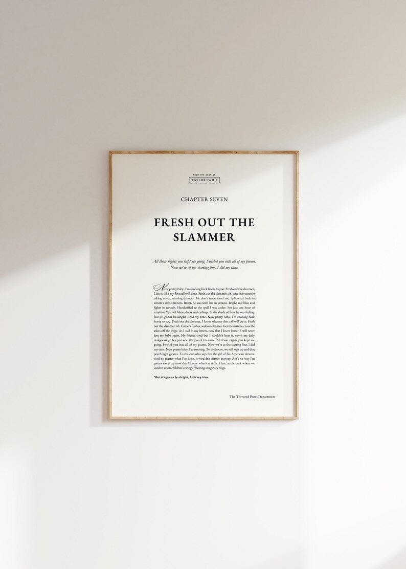 Fresh Out the Slammer Lyrics Digital Print Tortured Poets Department ...