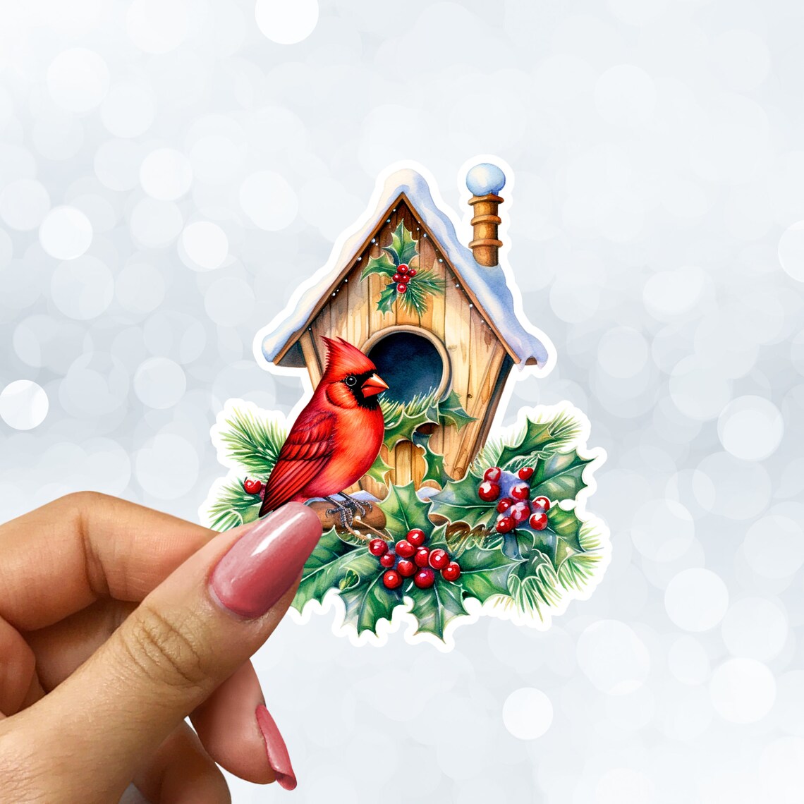 Winter Cardinal at Birdhouse Sticker, Festive Red Bird Sticker for ...