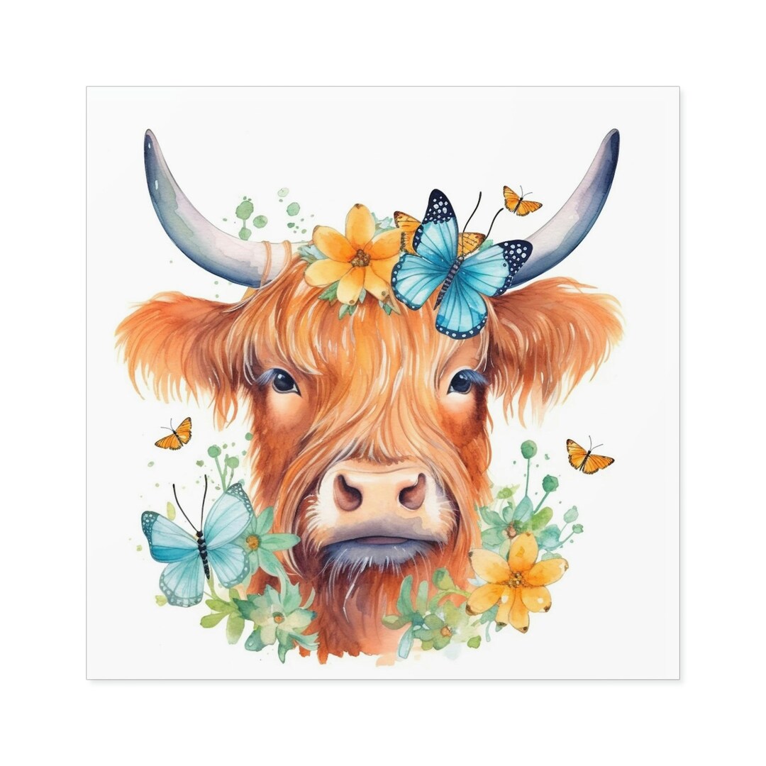 Highland Cow With Flowers and Butterflies, Square Indoor/outdoor ...