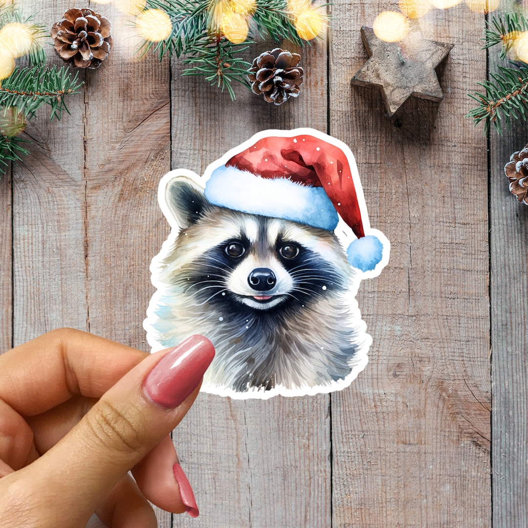 Raccoon in Santa Hat Sticker - Cute Christmas Raccoon Holiday - Free ...