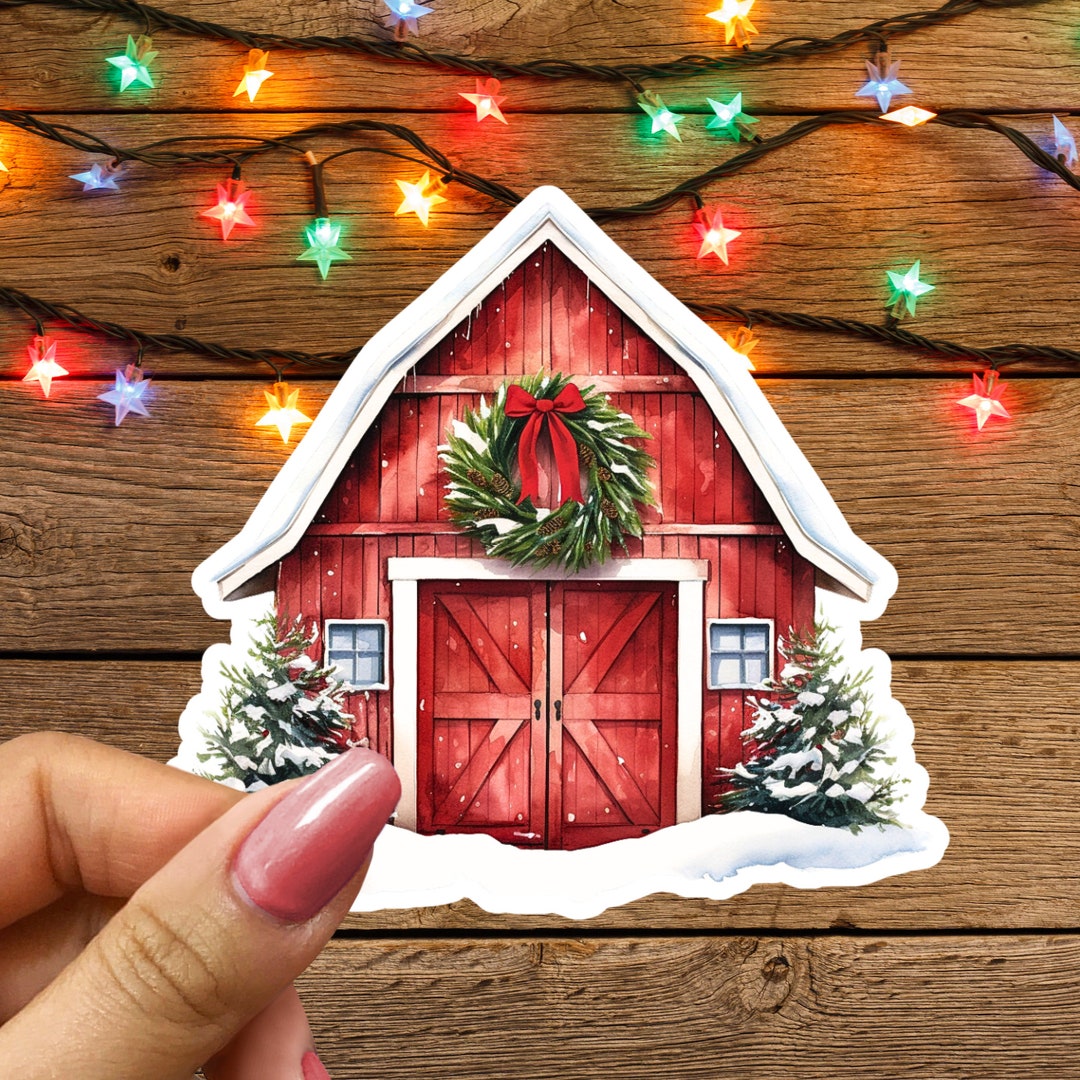 Red Barn With Christmas Wreath Sticker, Farm Decor, Stocking Stuffers ...