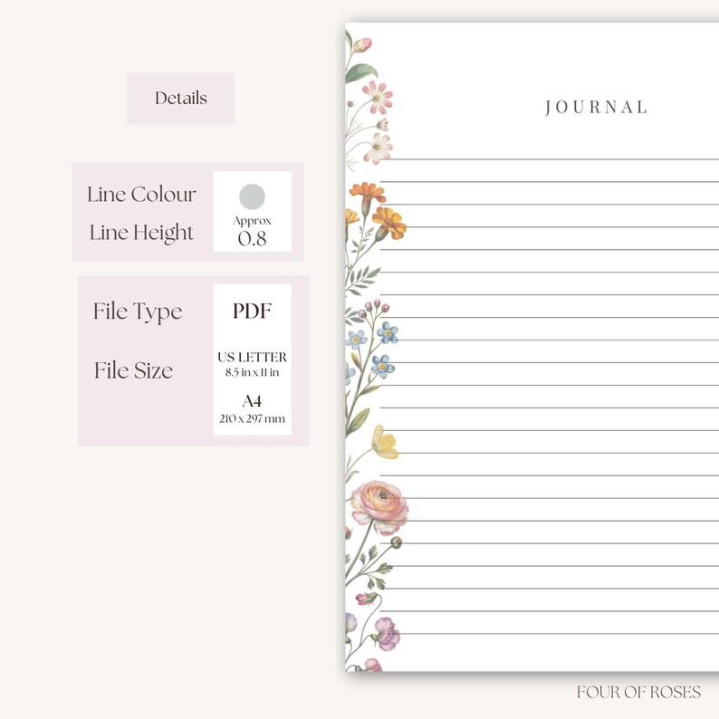 Printable Floral Paper Botanical Writing Paper Lined Journal Page ...