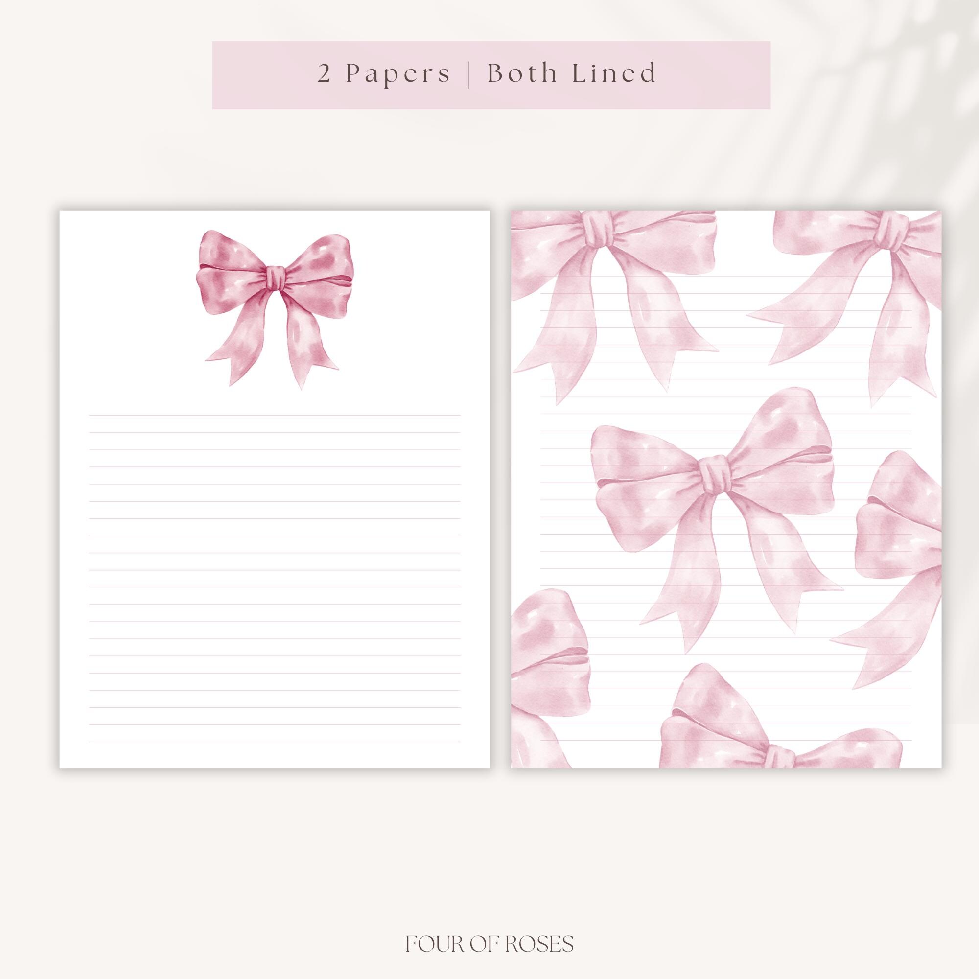 Pretty Pink Bow Paper Lined Note Bow Letter Writing Paper Watercolor ...