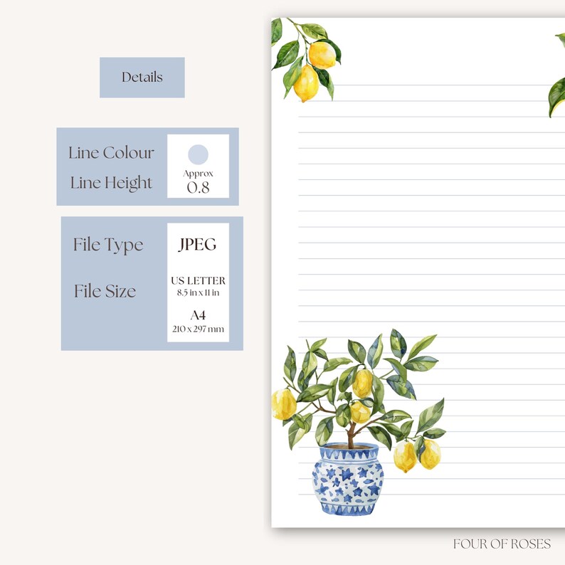 Summer Writing Paper Printable Lemon Letter Stationery Watercolor Paper ...