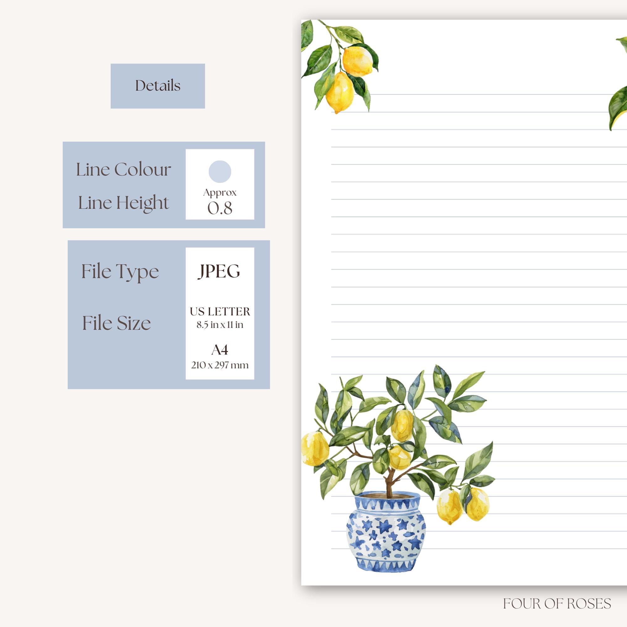 Summer Writing Paper Printable Lemon Letter Stationery Watercolor Paper ...