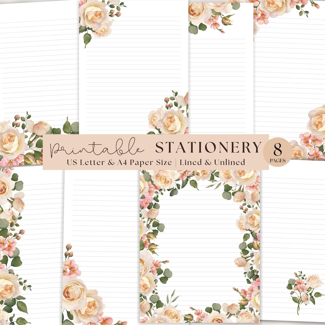 Writing Paper Printable Vintage Letter Stationery Watercolor Paper Rose ...