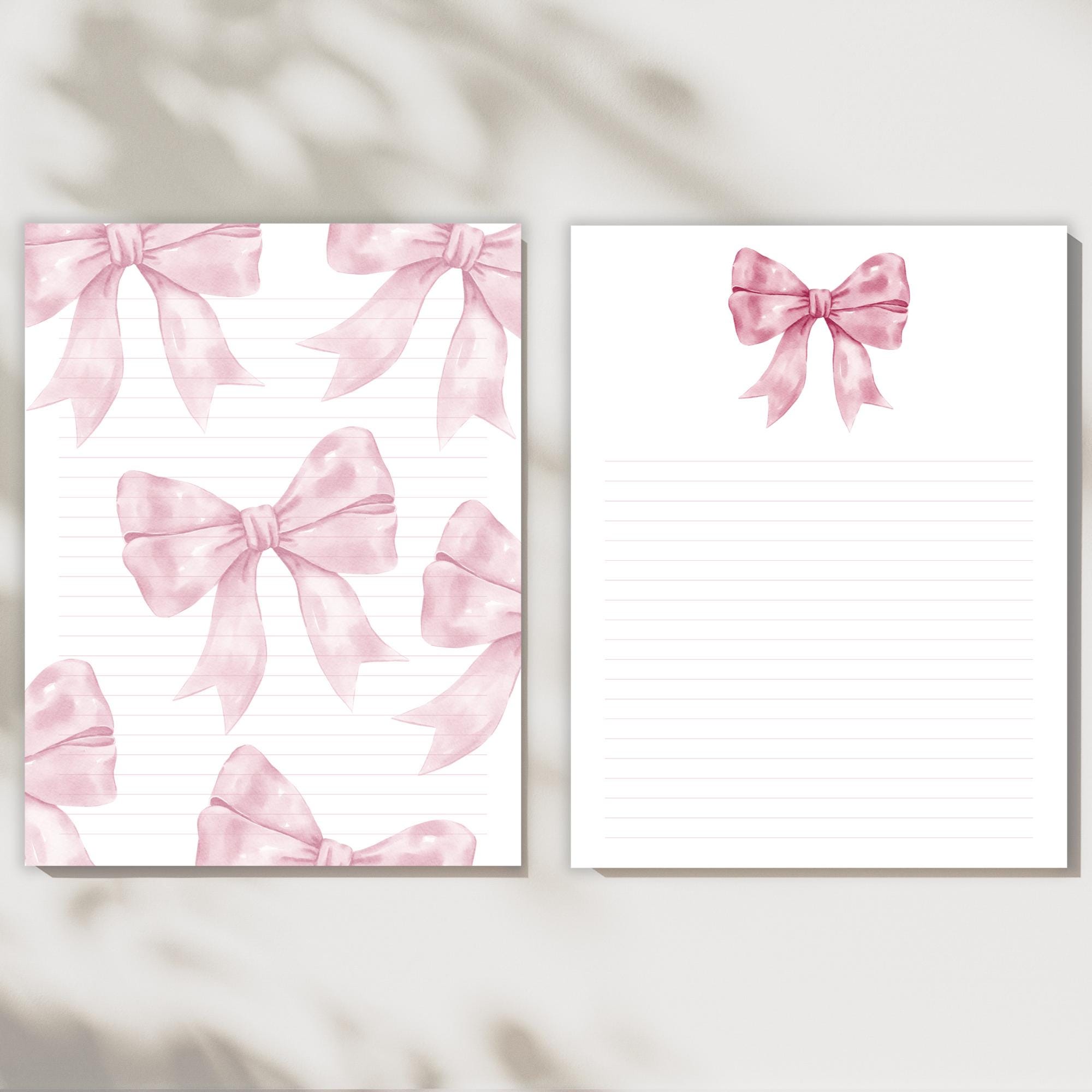 Pretty Pink Bow Paper Lined Note Bow Letter Writing Paper Watercolor ...