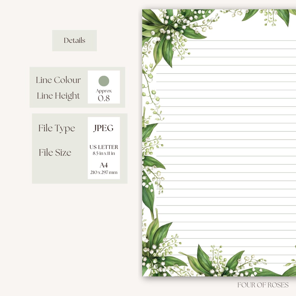 Lily of the Valley Stationery Writing Paper White Flower Letter Lined ...