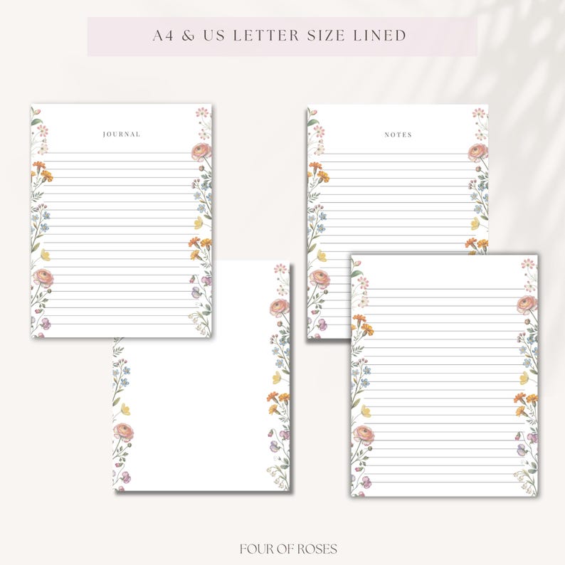 Printable Floral Paper Botanical Writing Paper Lined Journal Page ...