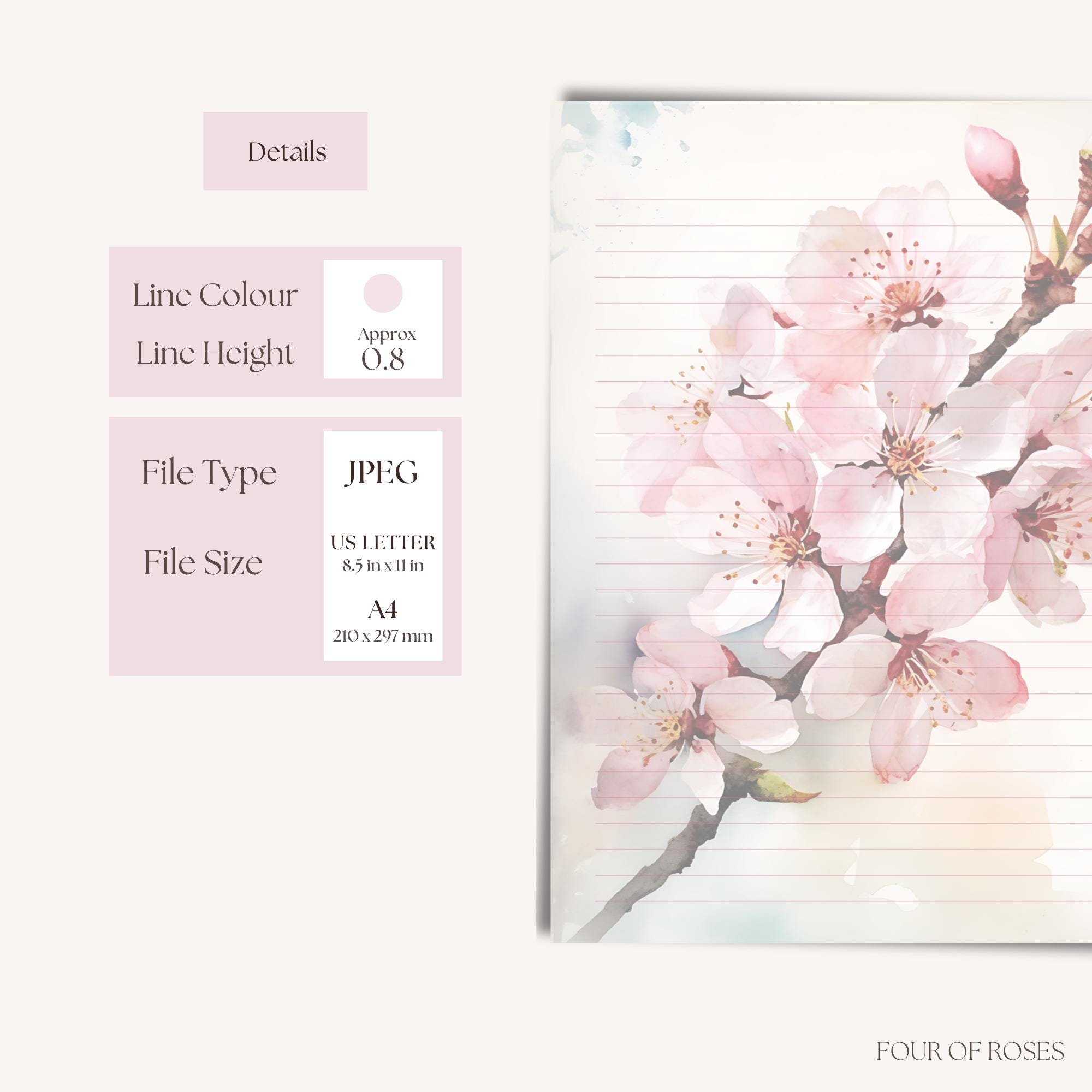 Cherry Blossom Paper Printable Lined Note Pink Spring Flower Letter ...