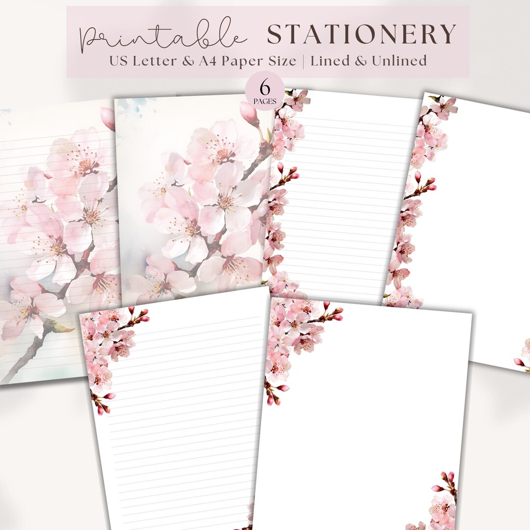 Cherry Blossom Paper Printable Lined Note Pink Spring Flower Letter ...
