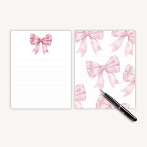 Pretty Pink Bow Paper Lined Note Bow Letter Writing Paper Watercolor ...