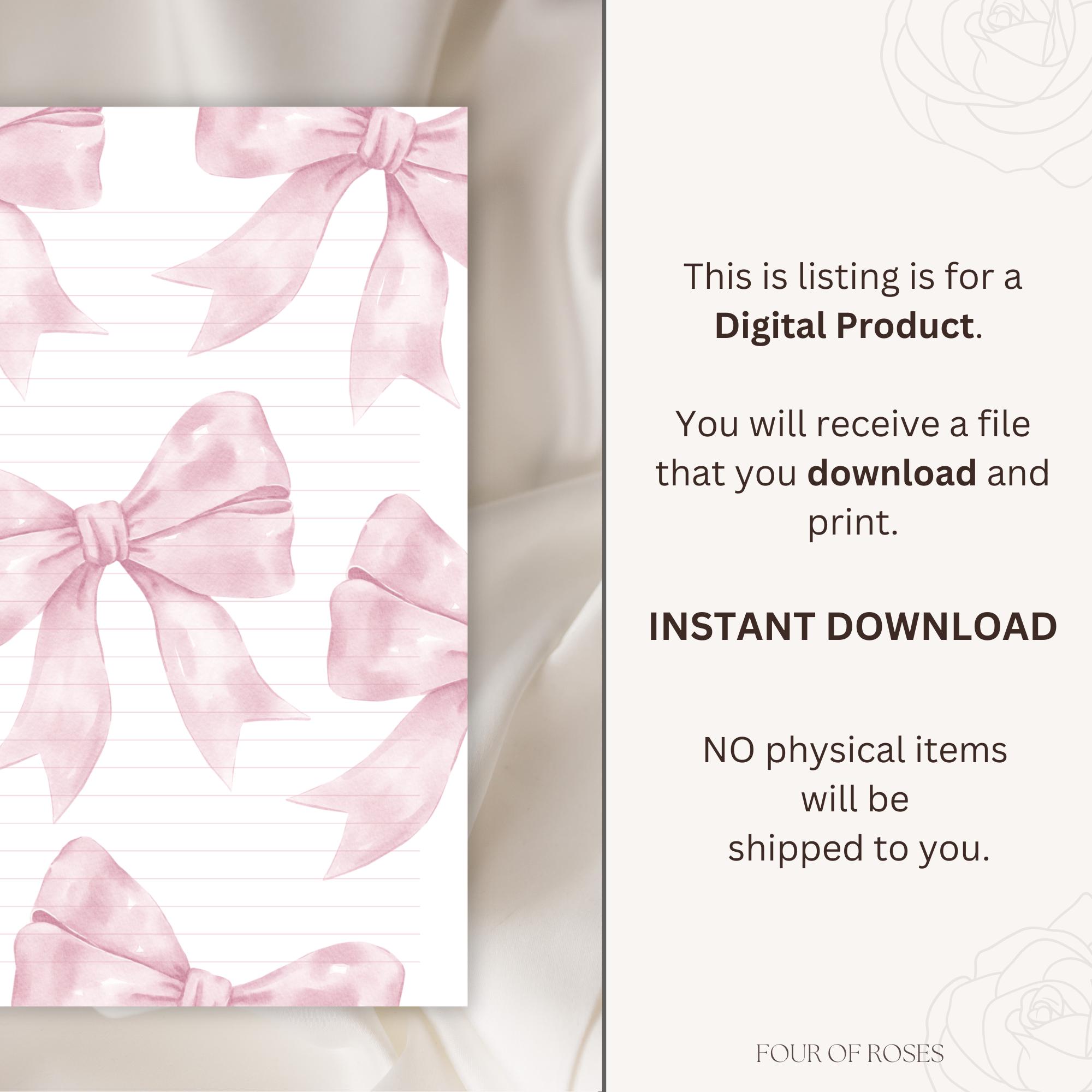 Pretty Pink Bow Paper Lined Note Bow Letter Writing Paper Watercolor ...