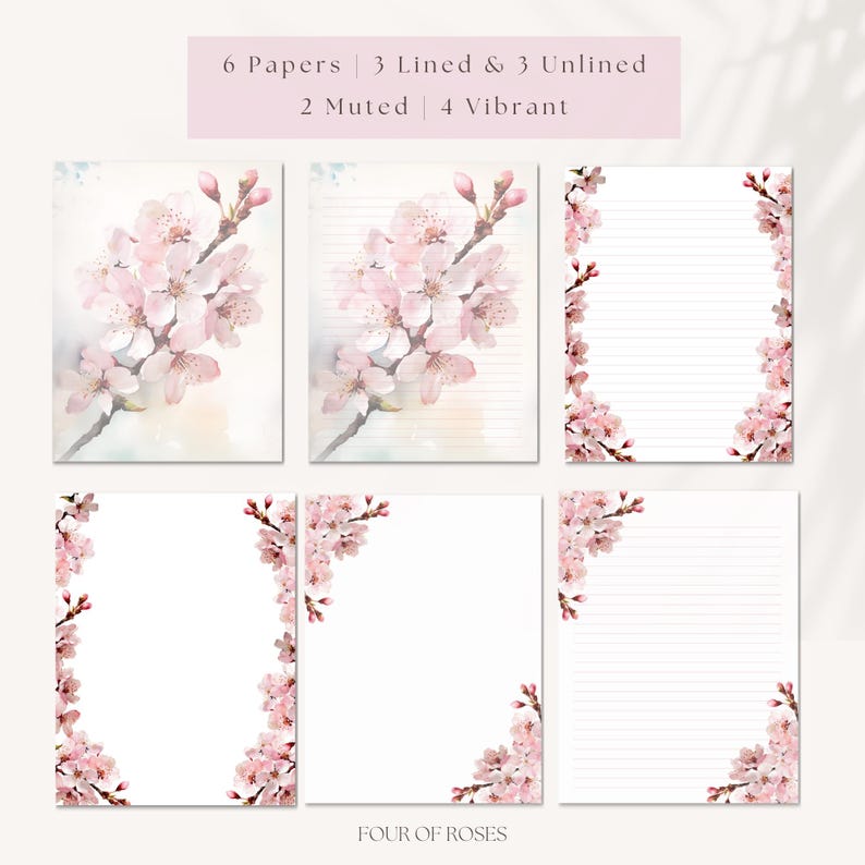 Cherry Blossom Paper Printable Lined Note Pink Spring Flower Letter ...