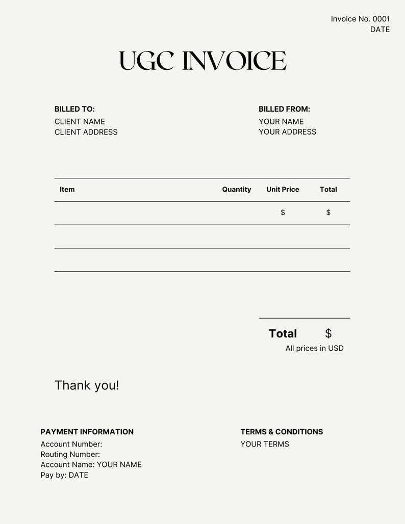 UGC INVOICE TEMPLATE - Etsy
