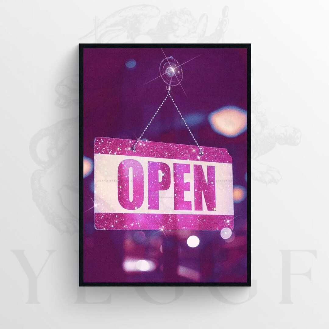 Pink Glitter OPEN Sign Poster | Retro Neon Wall Art | Aesthetic Sparkle ...