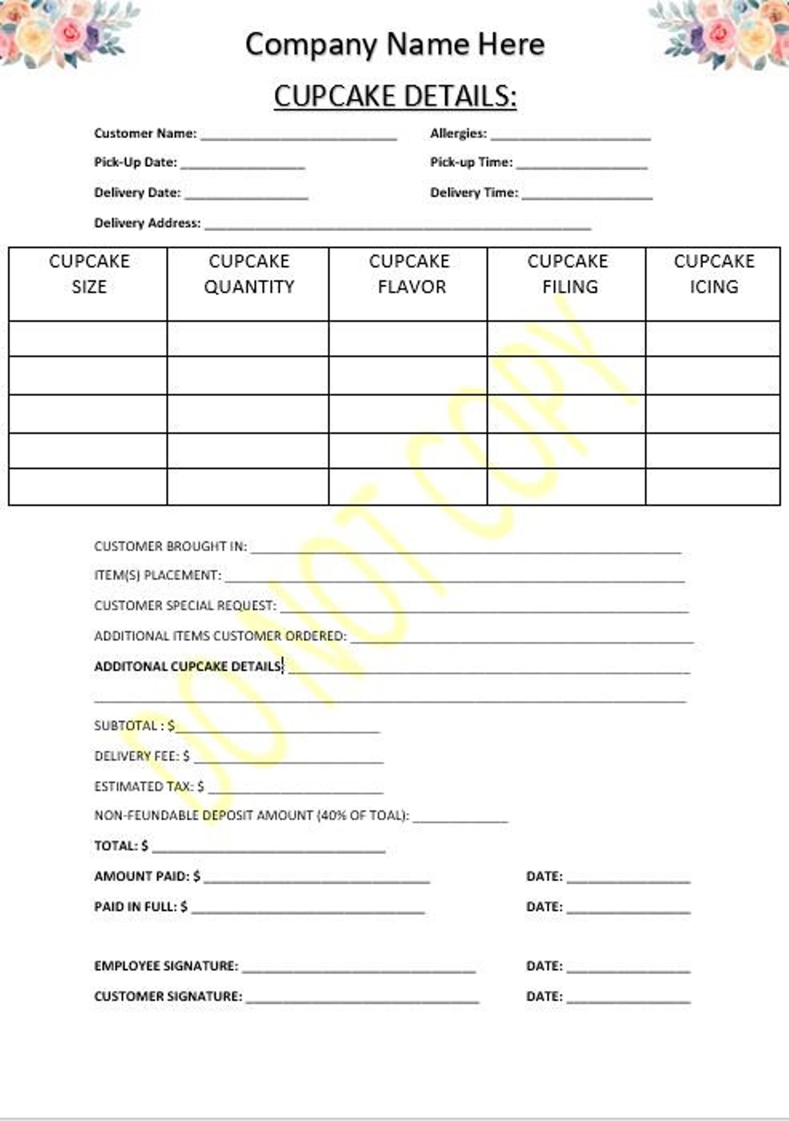 Bakery Order Form / Cupcake Contract/ Cake Contract / Order Form ...