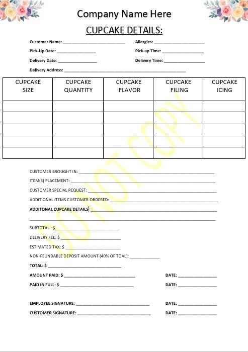 Bakery Order Form / Cupcake Contract/ Cake Contract / Order Form ...